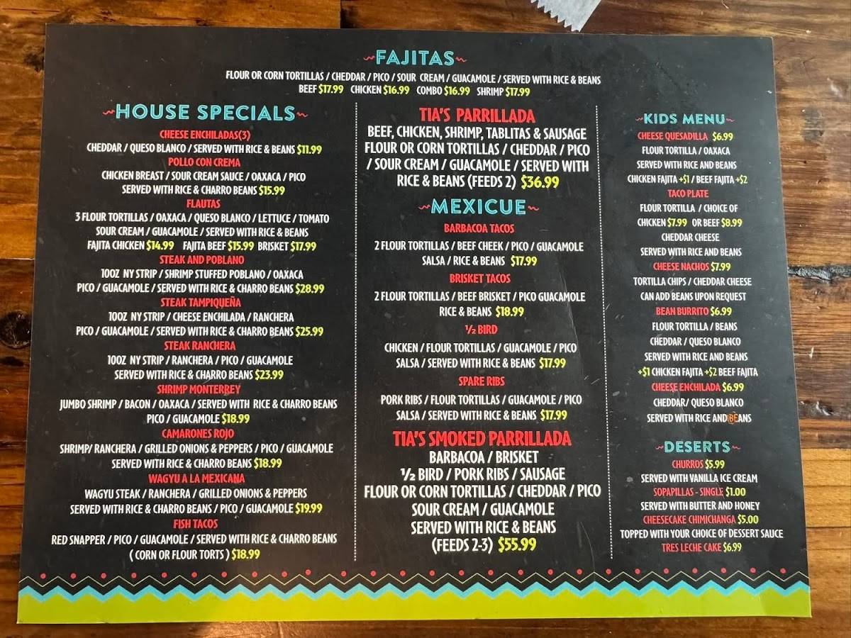 Menu at Tia’s Tex-Mex restaurant, Valley View