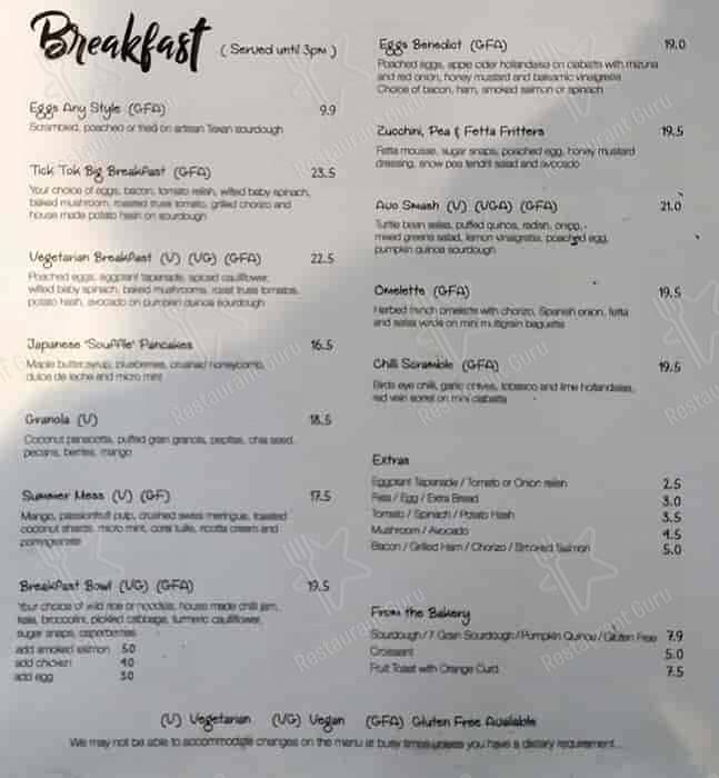 Menu at Tick Tok restaurant, Williamstown