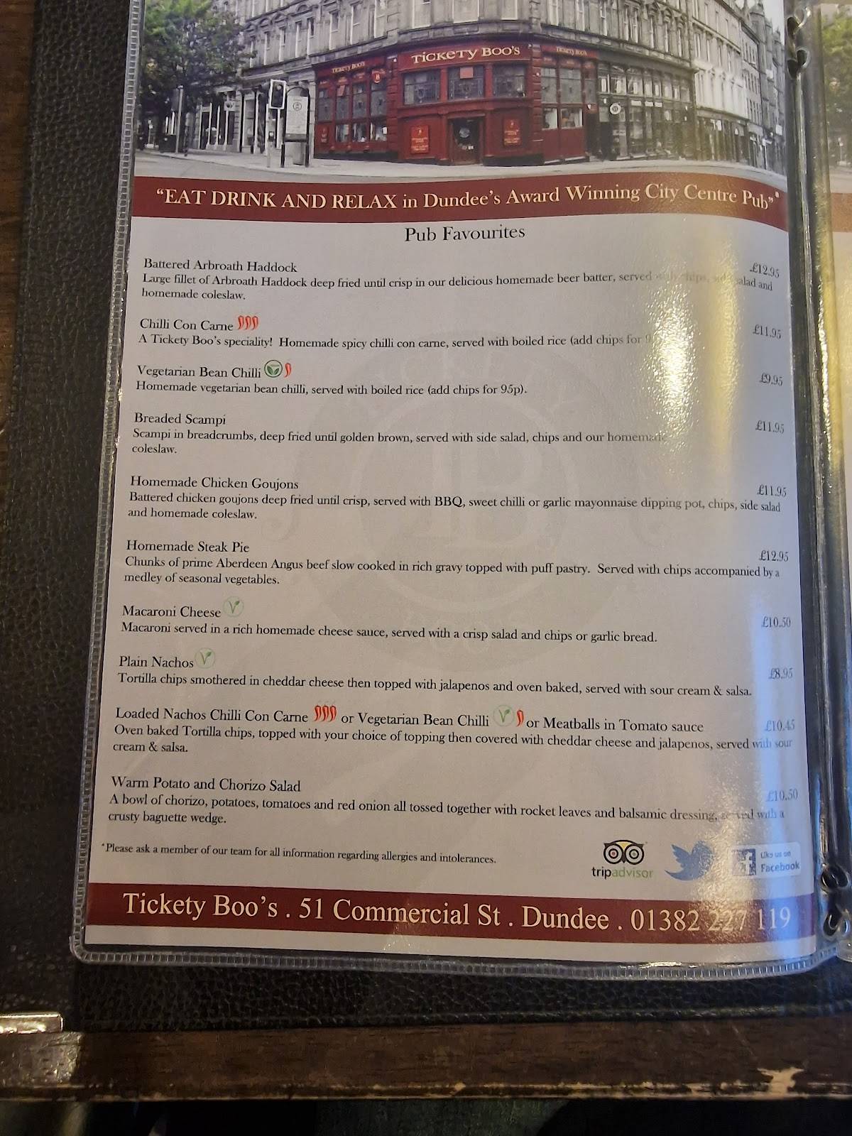 Menu at Tickety Boo's pub & bar, Dundee