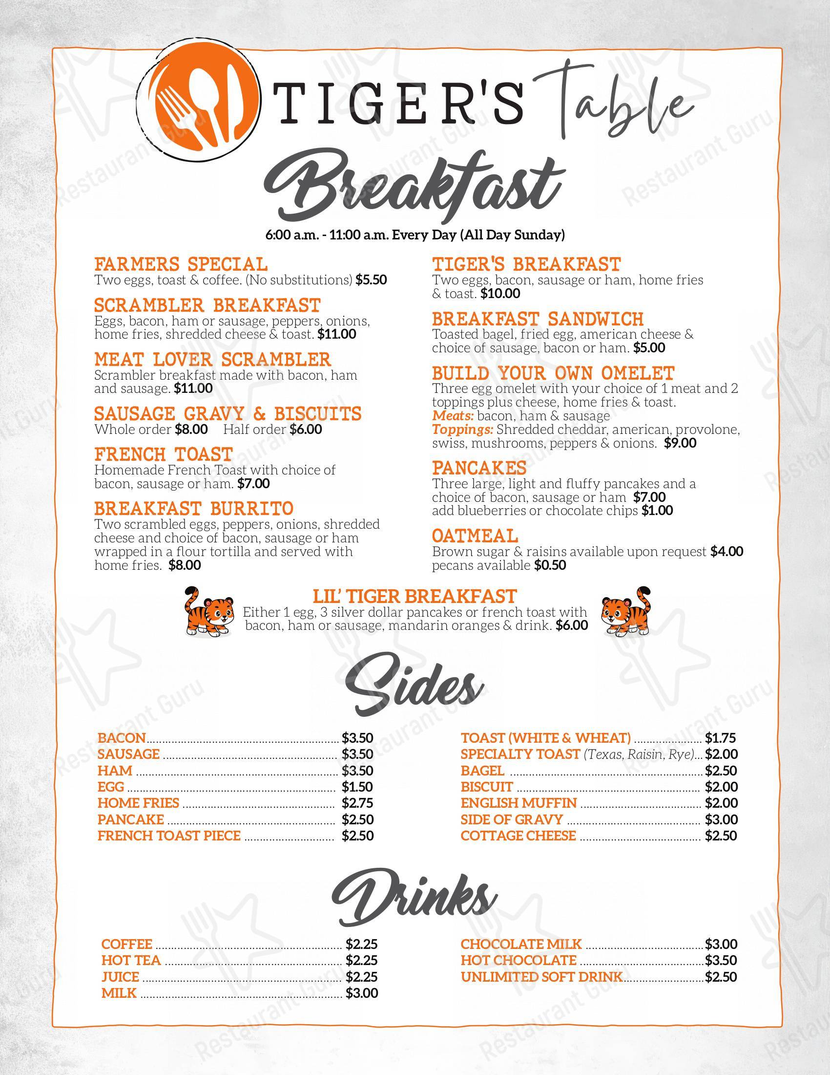 Menu at Tiger's Table restaurant, New Middletown