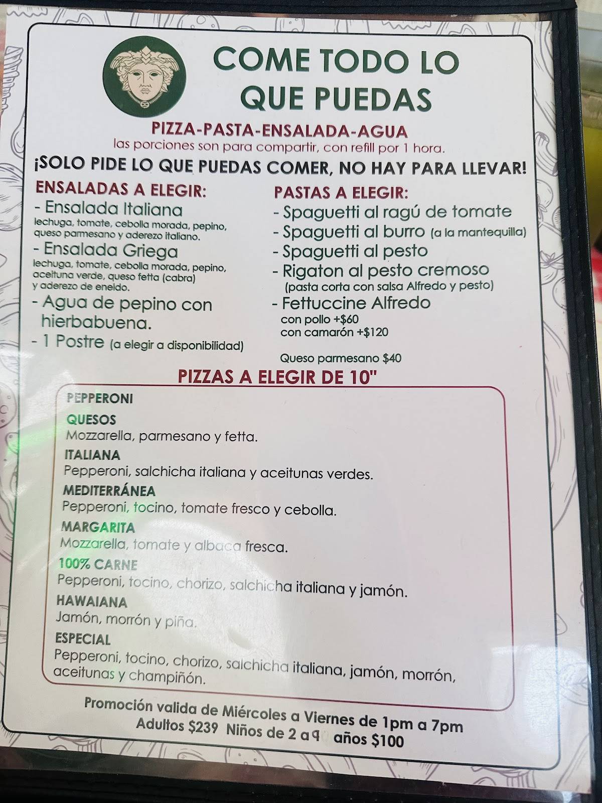 Menu at Via Palermo restaurant, Tijuana, Luis Moya 2088