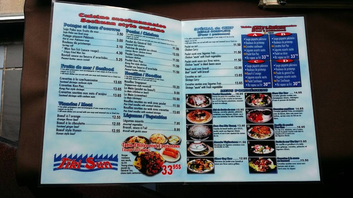 Menu au Tiki Sun restaurant, Longueuil