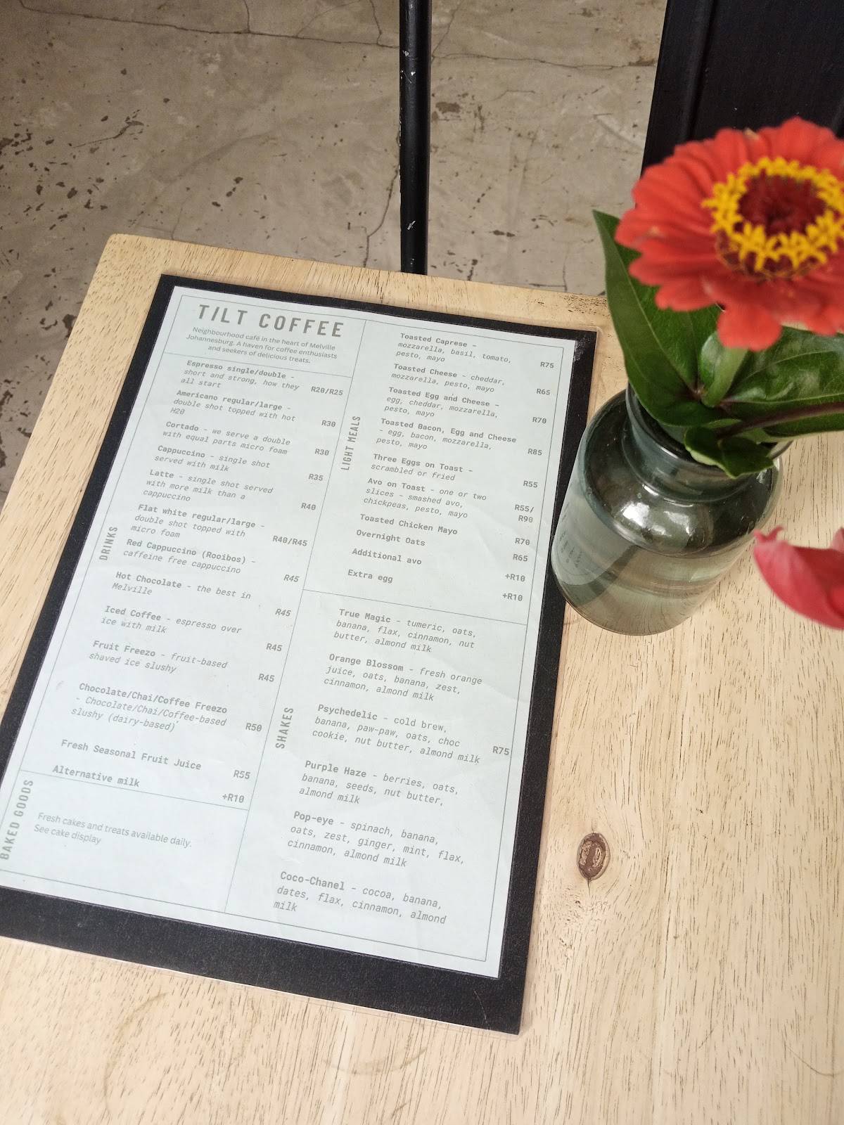 Menu at Tilt Coffee restaurant, Johannesburg