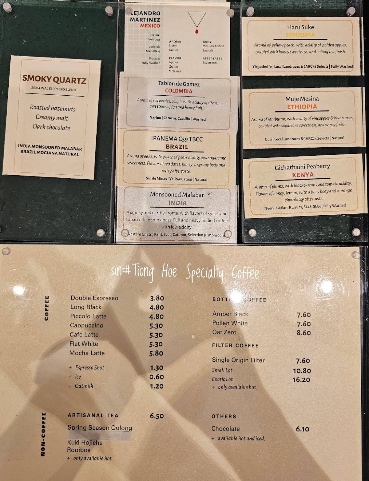 Menu at Tiong Hoe Specialty Coffee cafe, Singapore