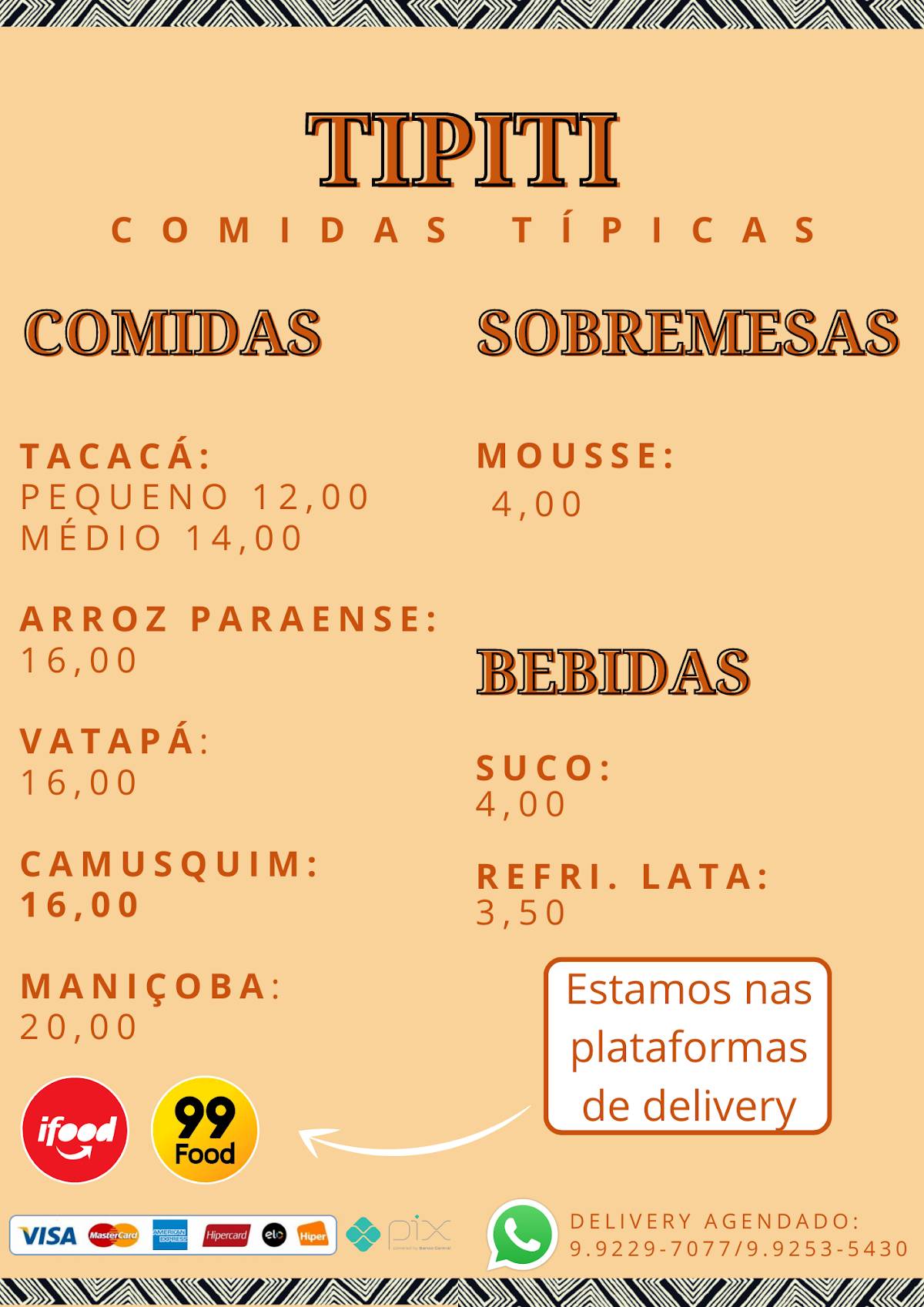 Carta del pub y bar Tipiti Comidas típicas, Ananindeua