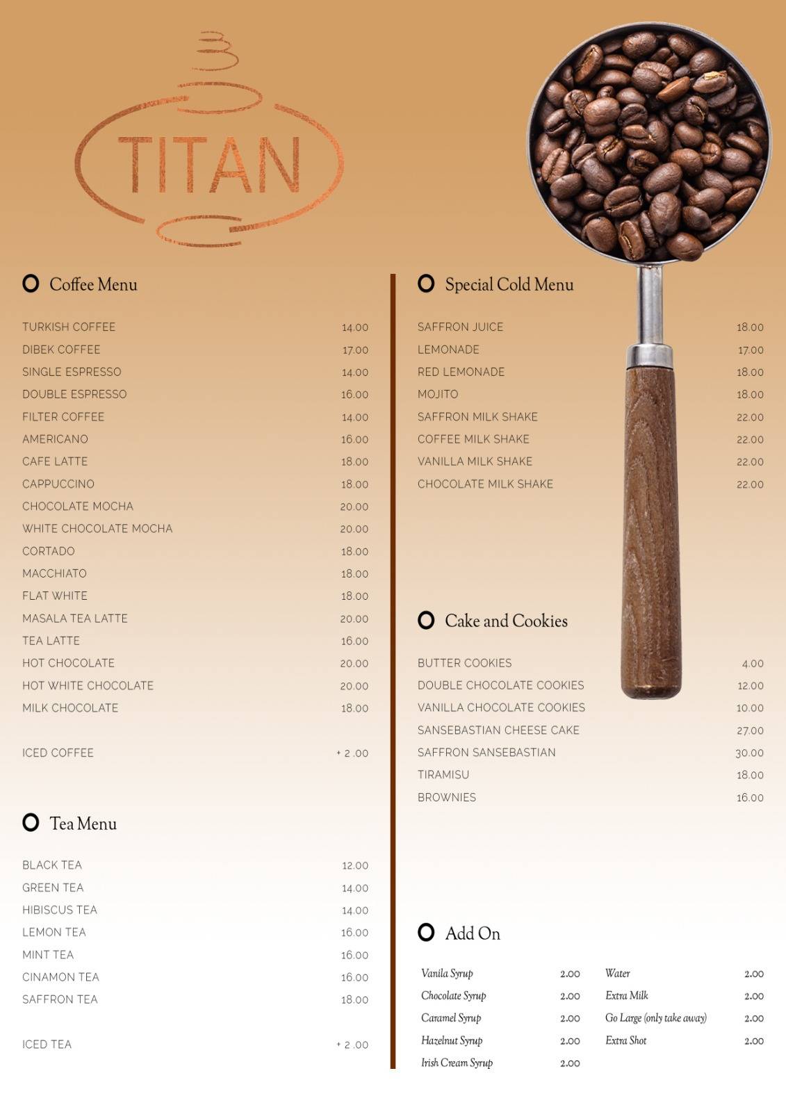 Menu at Titan Cafe, Istanbul, Şemsettin Günaltay Cd. No 32 D:34B