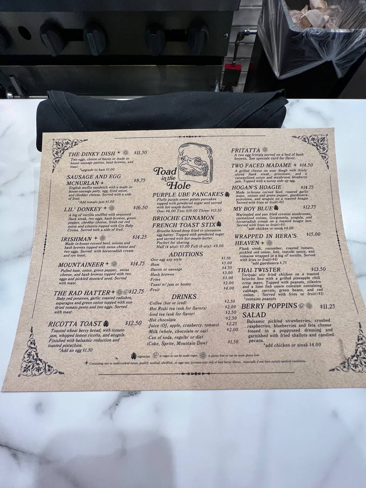 Menu at Toad in the Hole restaurant, Eagle River
