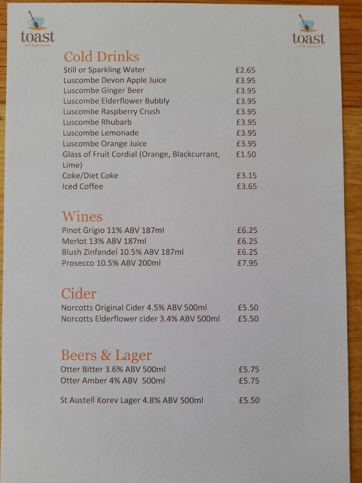 Menu at Toast cafe, Honiton