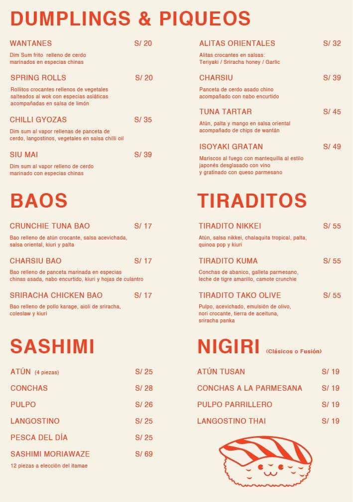 Menu at Tokuyo Lima restaurant, Miraflores