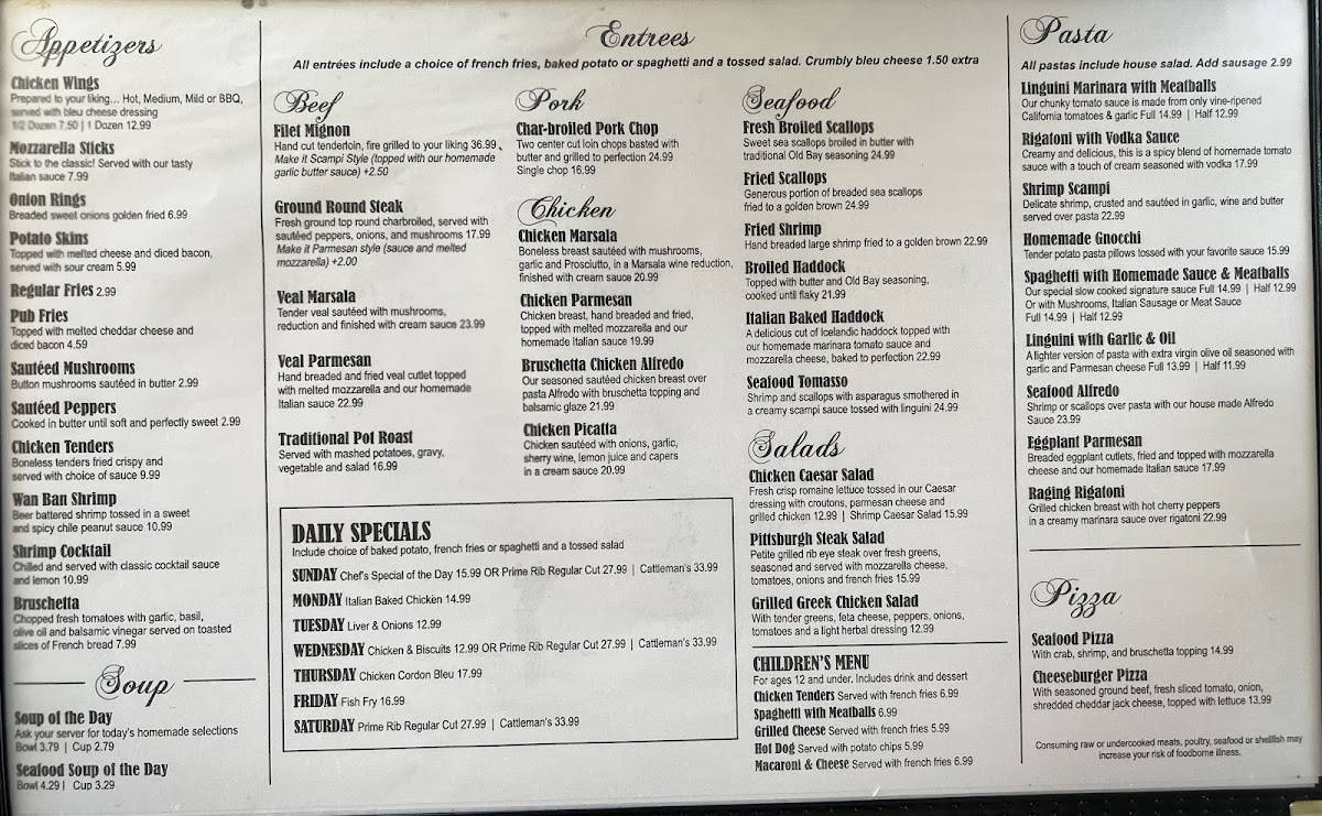 Menu at Tomasso's restaurant, USA