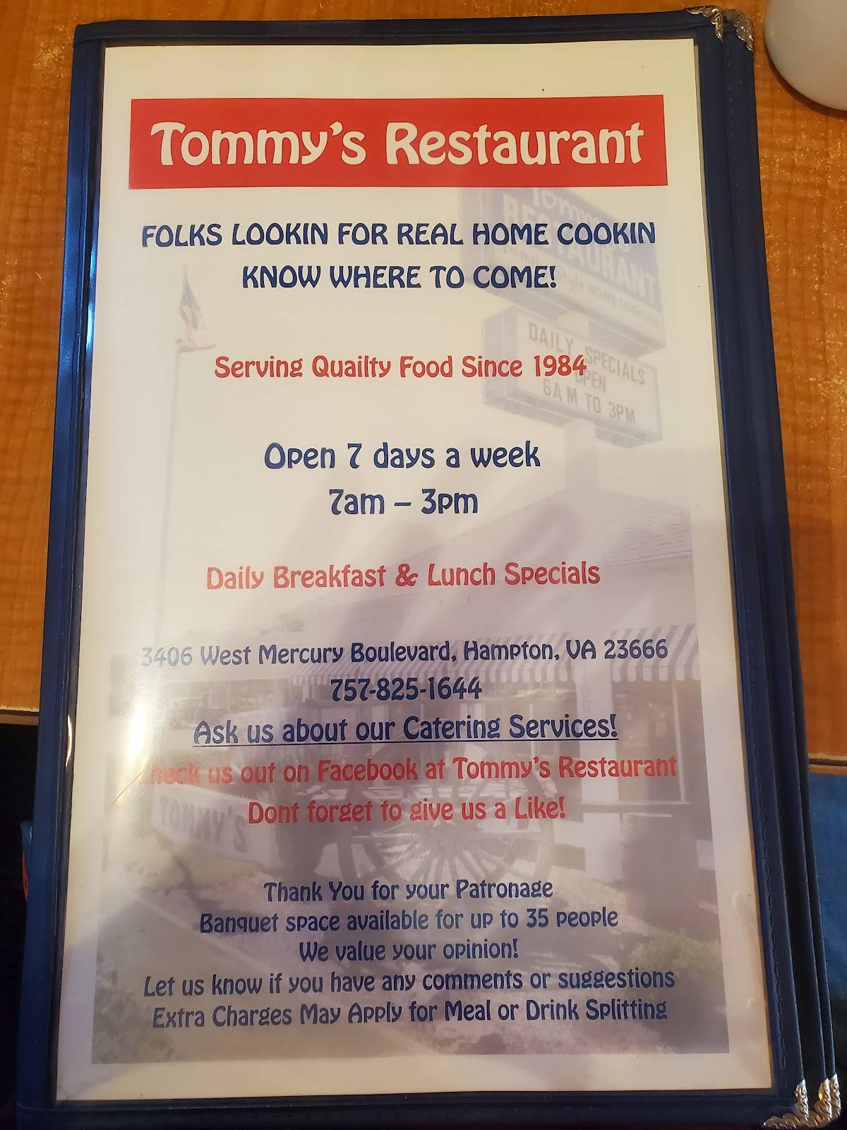 Menu at Tommy's Restaurant, Hampton