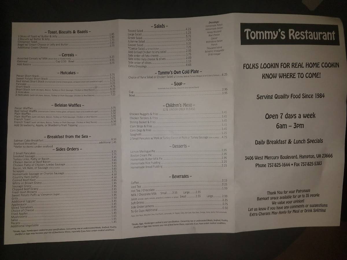 Menu at Tommy's Restaurant, Hampton