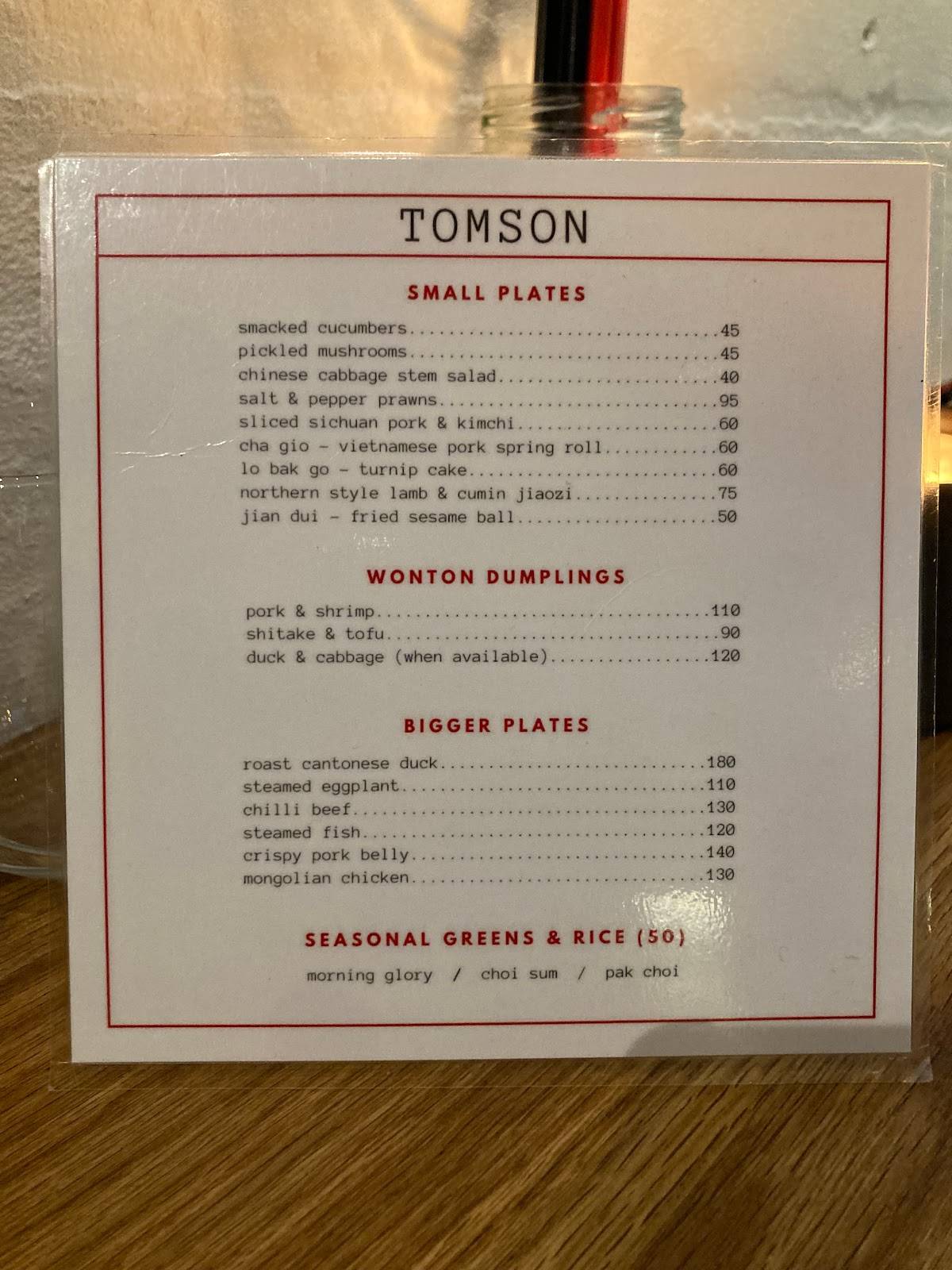 Menu at Tomson restaurant, Cape Town