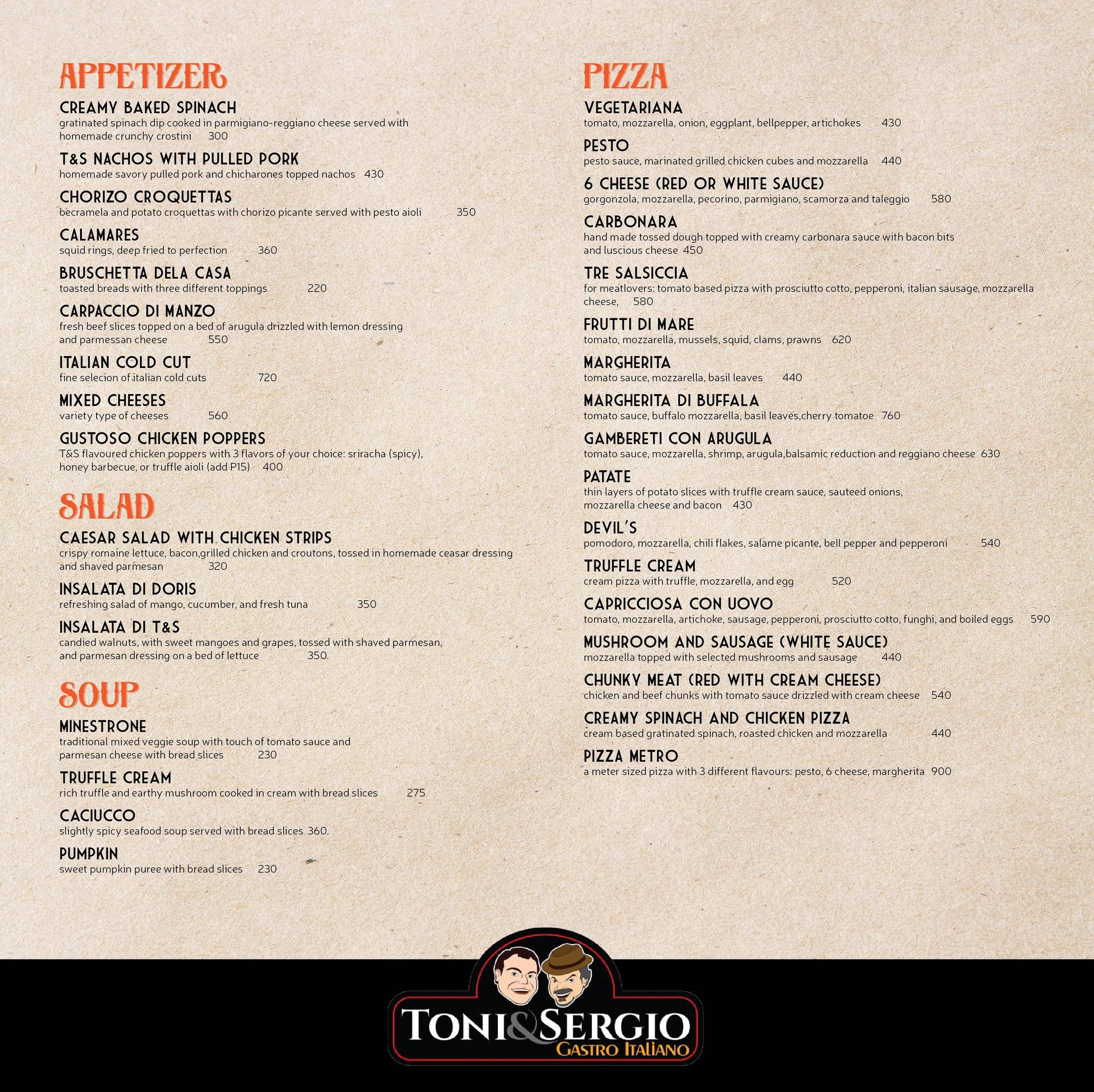 Menu at Toni & Sergio Gastro Italiano pizzeria, Taguig, Venice Grand ...