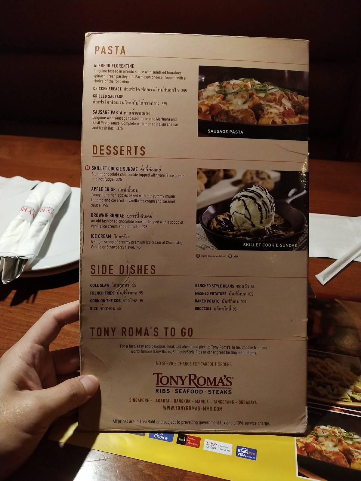 Menu at Tony Roma's restaurant, Bangkok, 88 Soi Sukhumvit 19