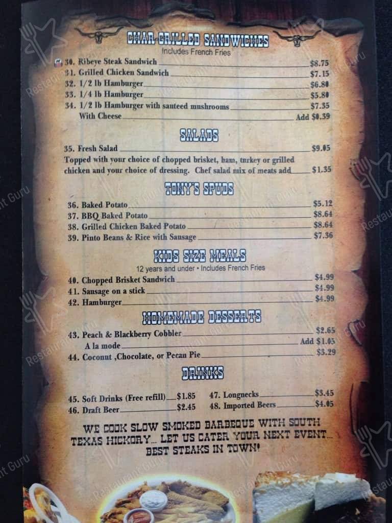 Menu at Tony's BBQ & Steakhouse, Channelview, Sheldon Rd