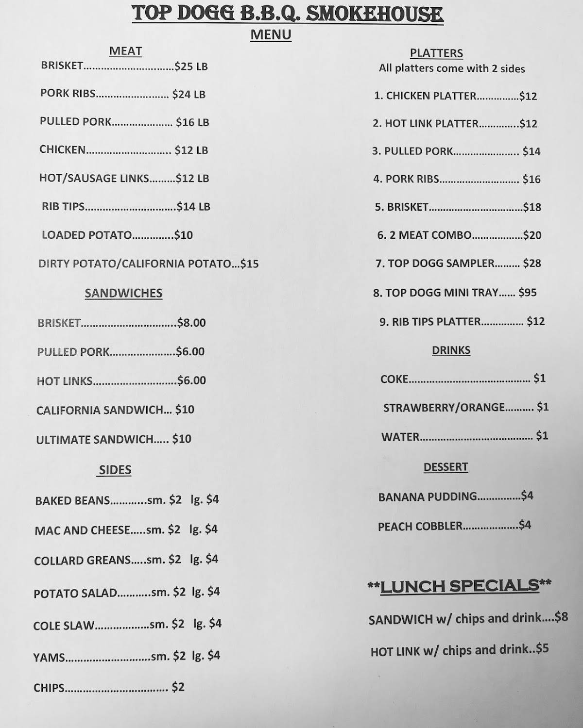Menu at Top Dogg BBQ Smokehouse, Las Vegas