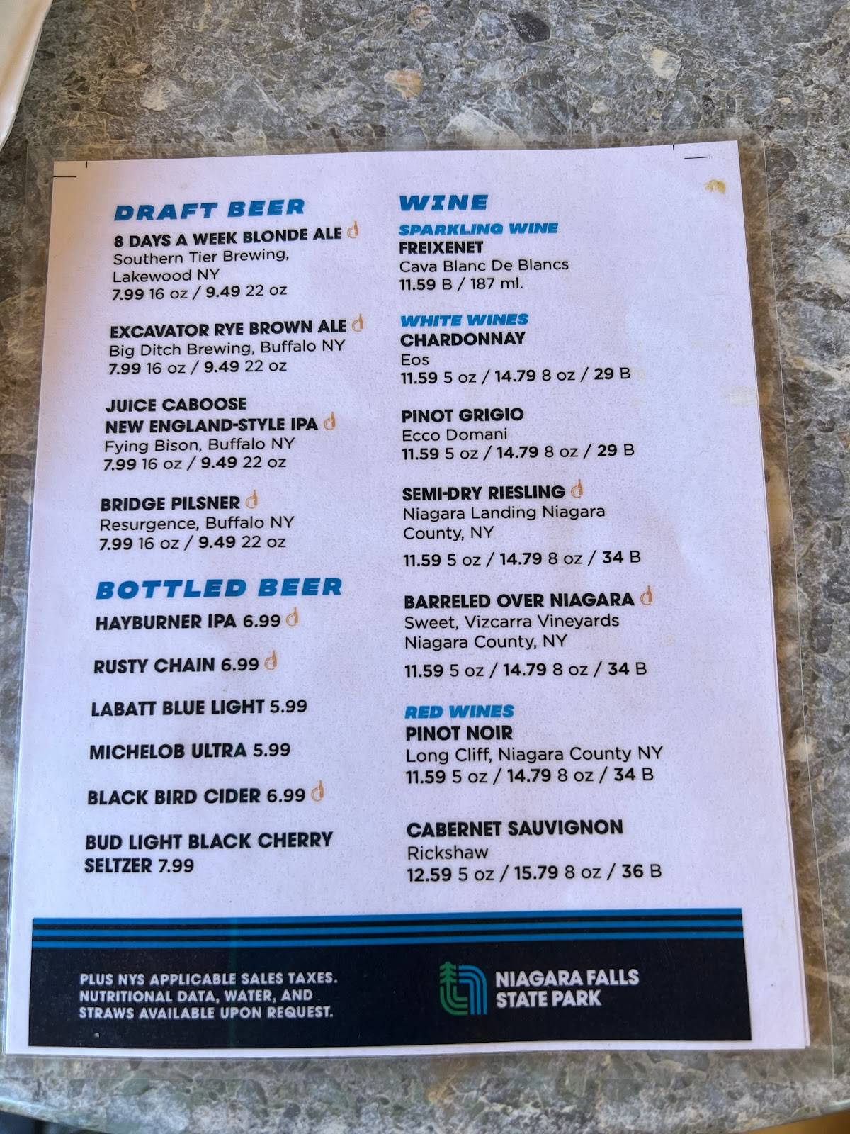 Menu at Top of the Falls restaurant, Niagara Falls