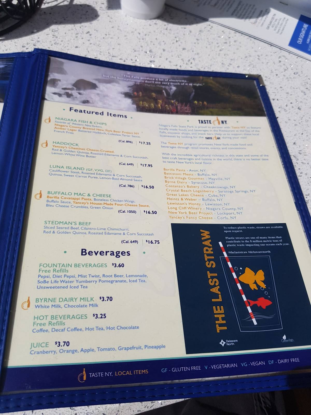 Menu at Top of the Falls restaurant, Niagara Falls