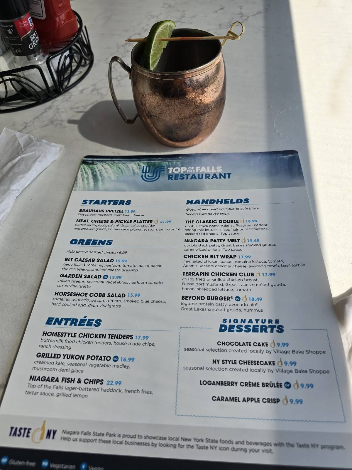 Menu at Top of the Falls restaurant, Niagara Falls