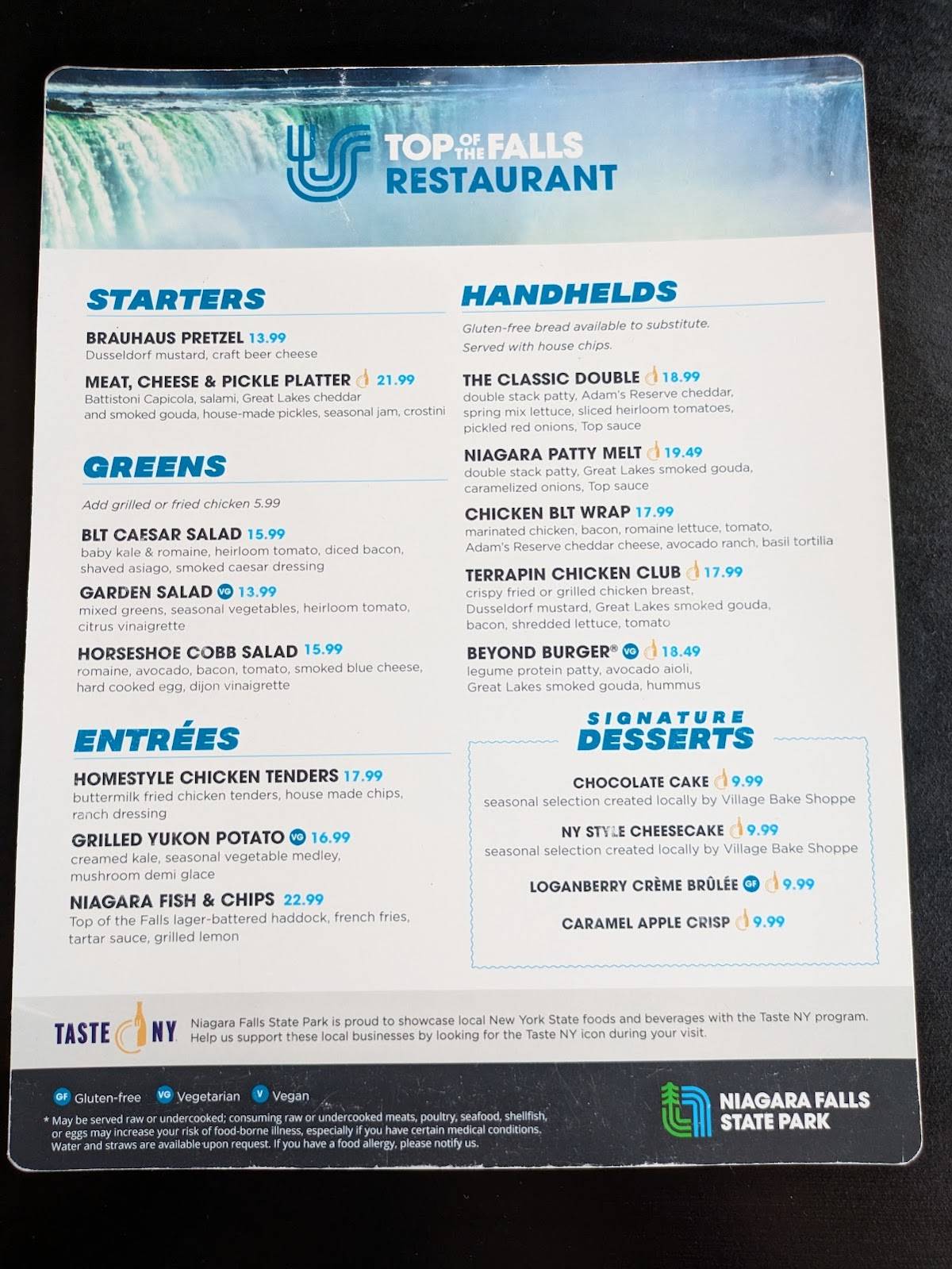 Menu at Top of the Falls restaurant, Niagara Falls