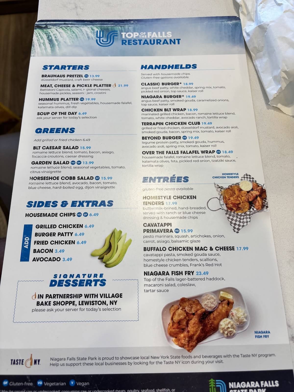 Menu at Top of the Falls restaurant, Niagara Falls