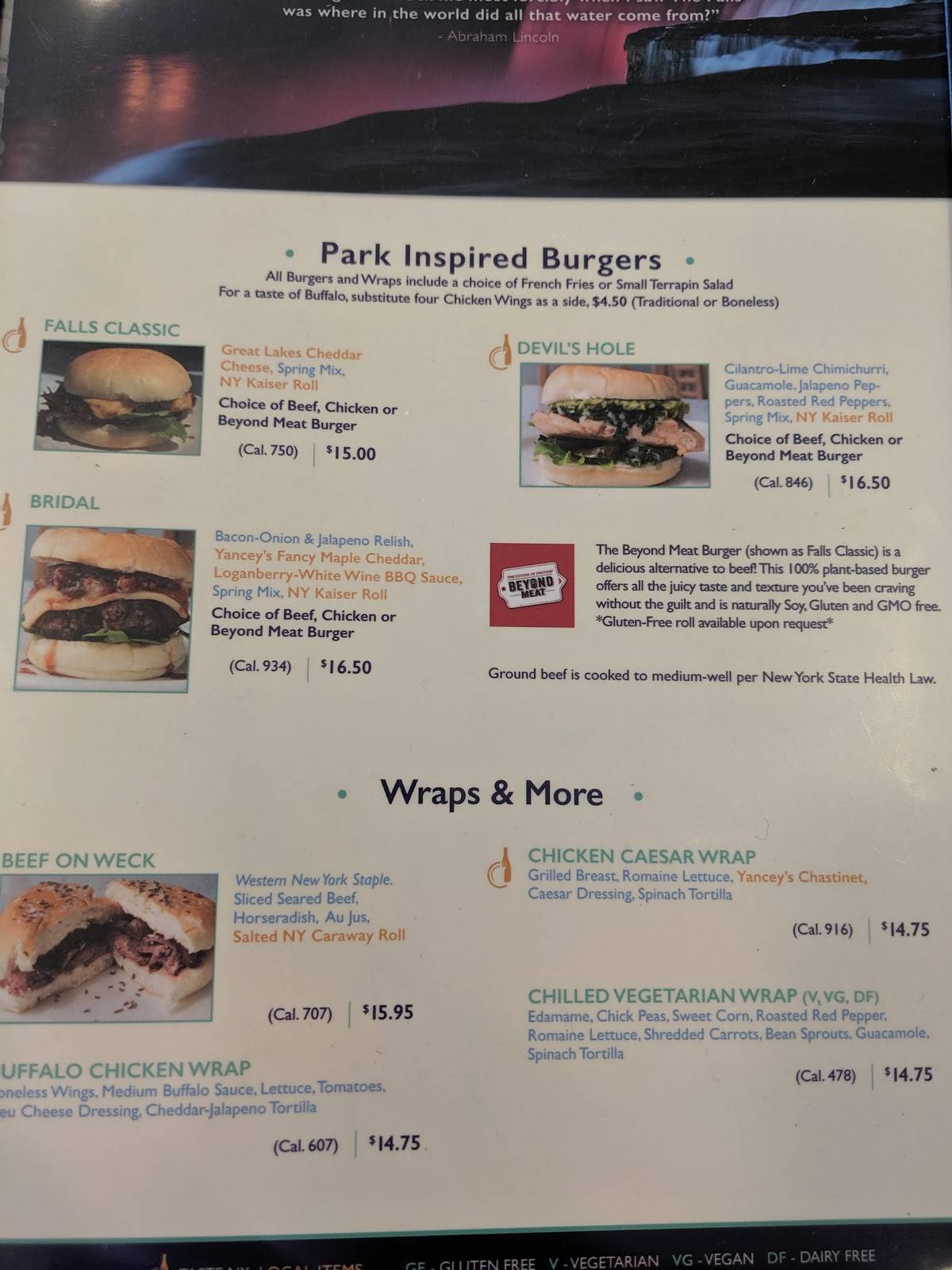 Menu at Top of the Falls restaurant, Niagara Falls