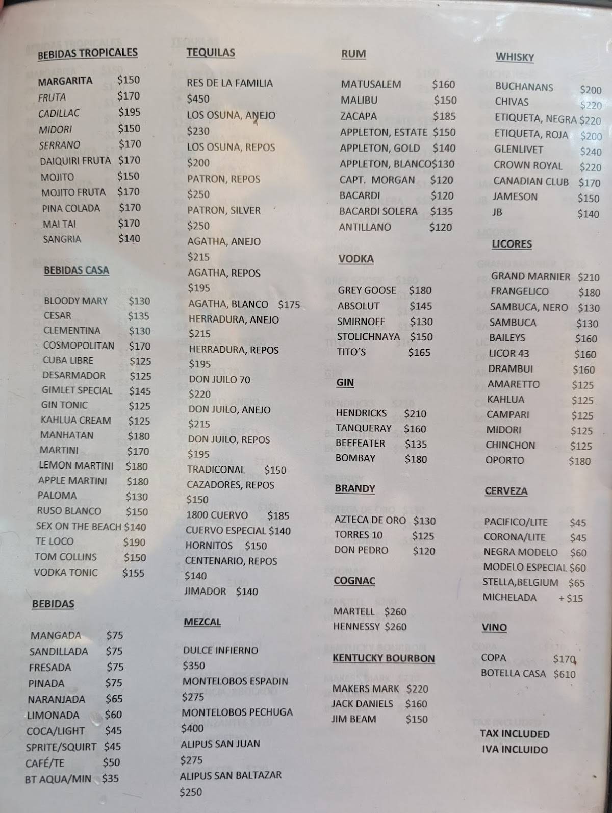 Carta del restaurante Topolo, Mazatlán
