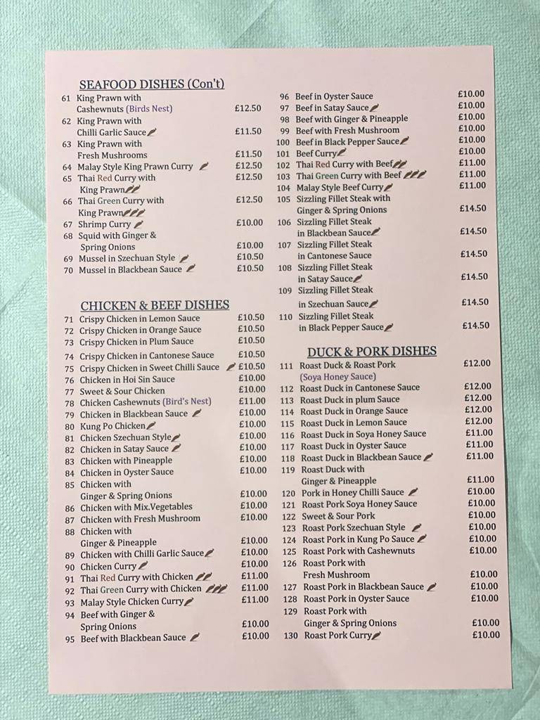 Menu at Tops Chinese Restaurant, Llandudno