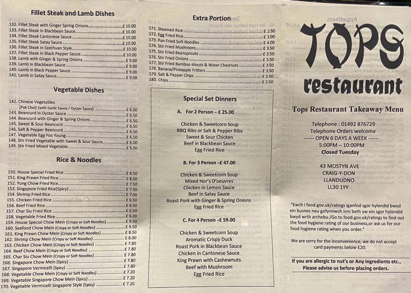 Menu at Tops Chinese Restaurant, Llandudno