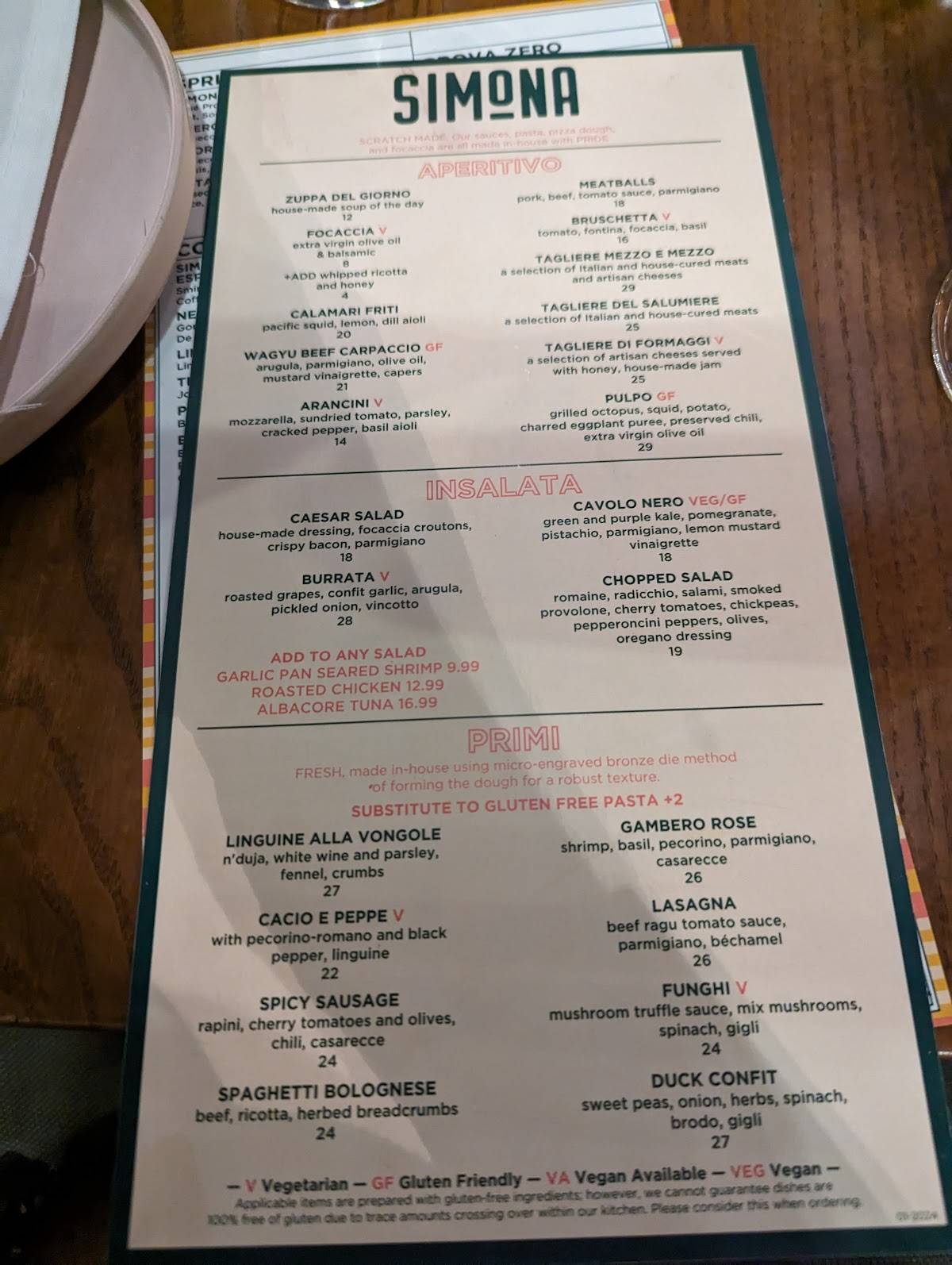 Menu at , Toronto
