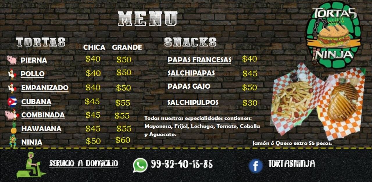Menu at Tortas Ninja restaurant, Villahermosa
