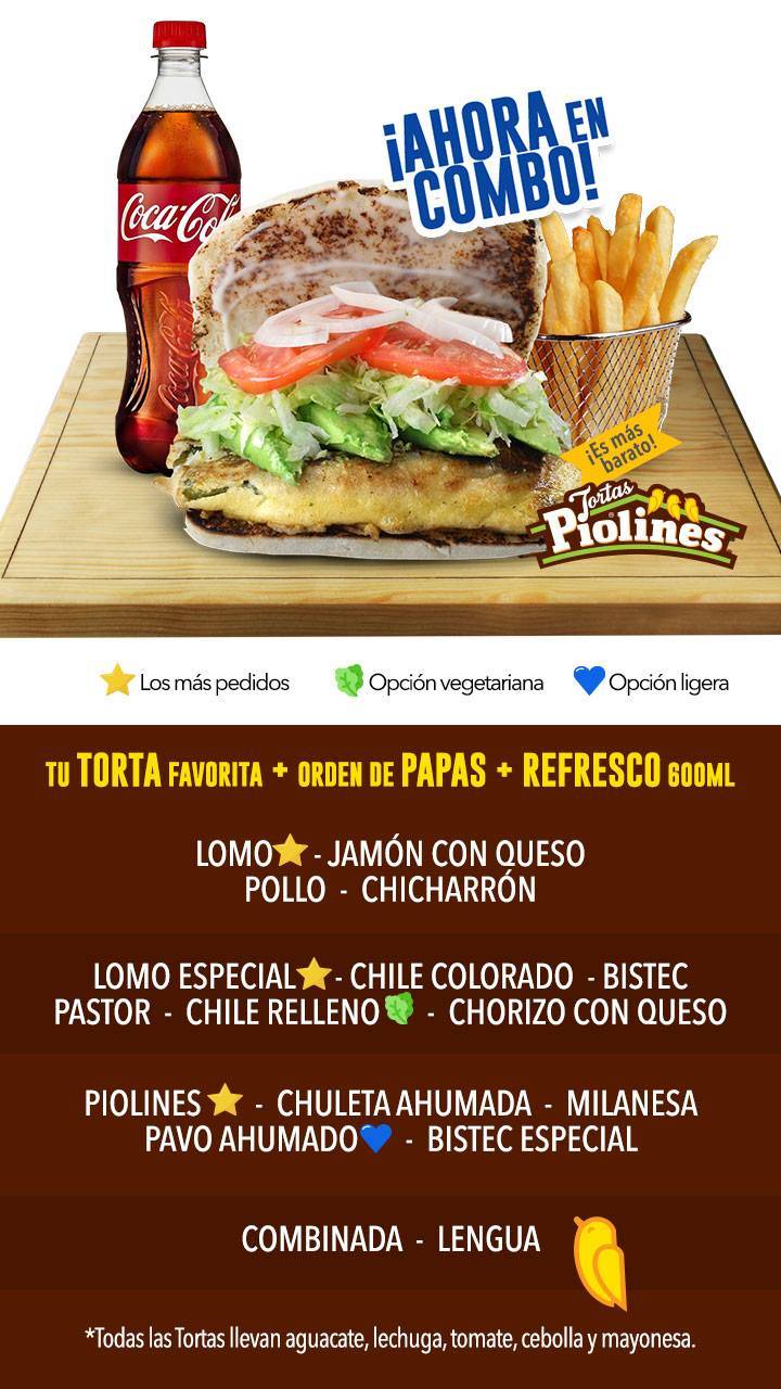 Carta del restaurante Tortas Piolines, Chihuahua, Av. Glandorf 3701