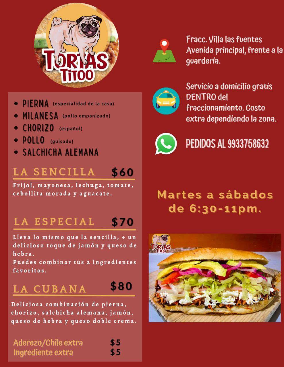Menu at Tortas Tito restaurant, Villahermosa