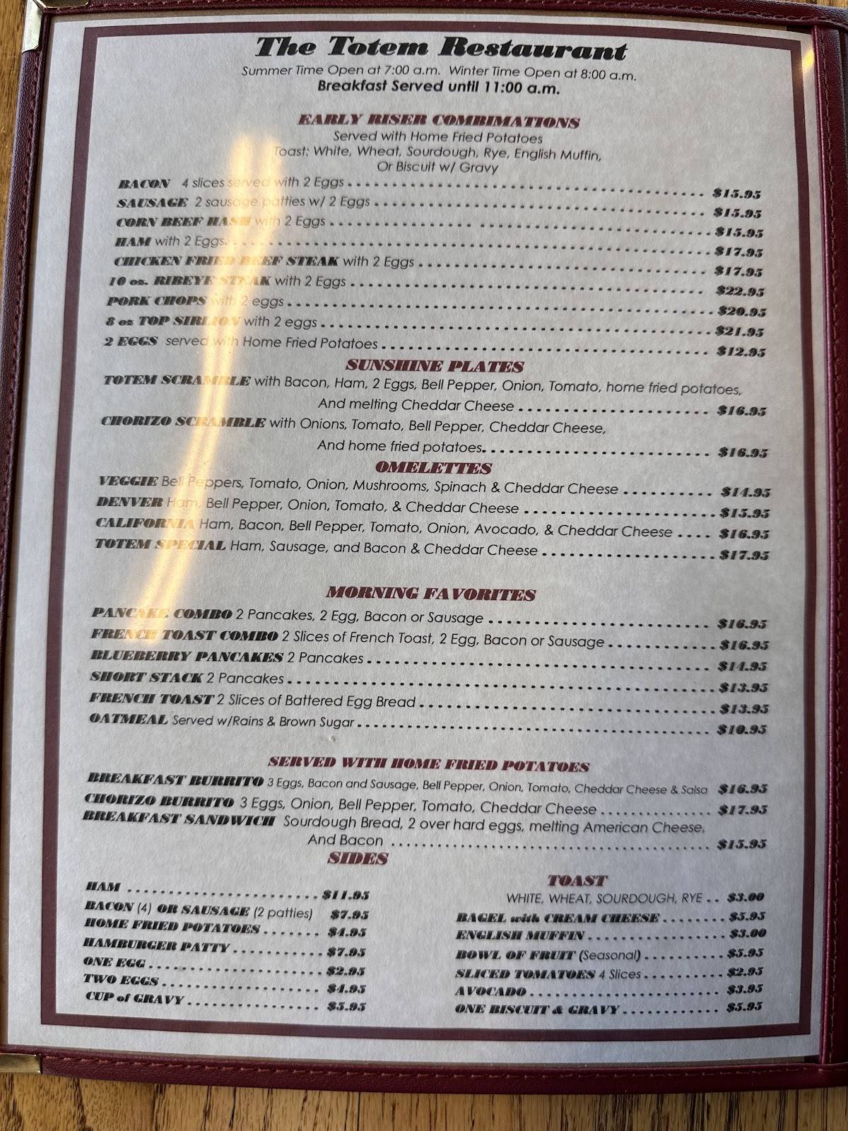Menu at Totem Cafe, Lone Pine