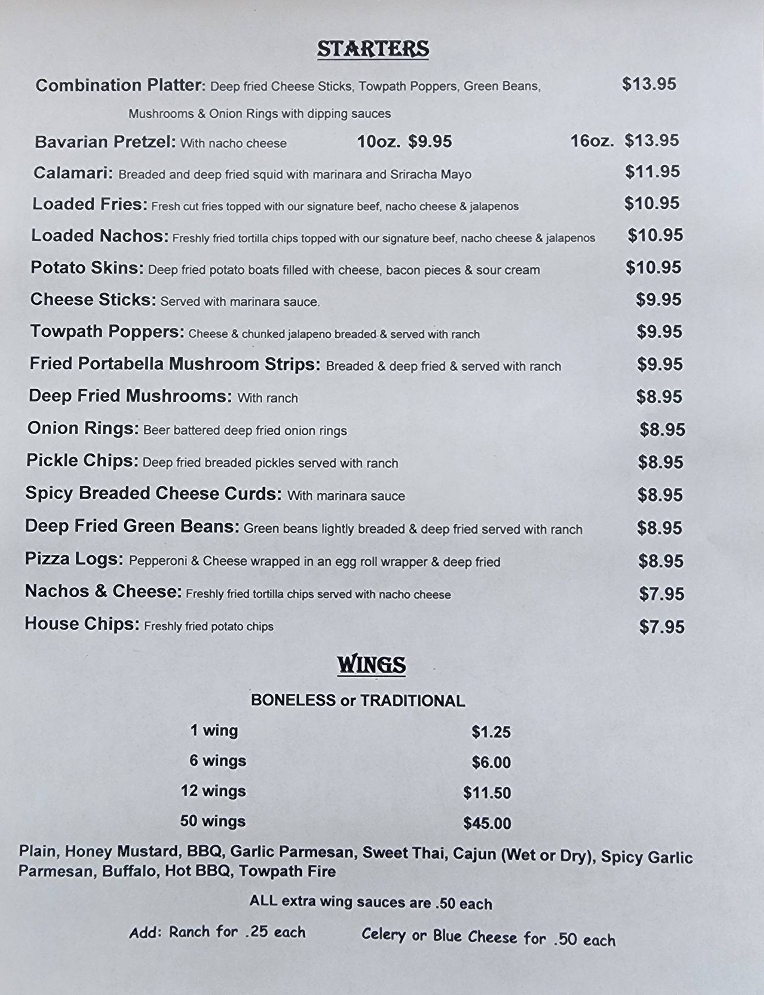 Menu at Towpath Tavern restaurant, Bolivar, 225 Canal St