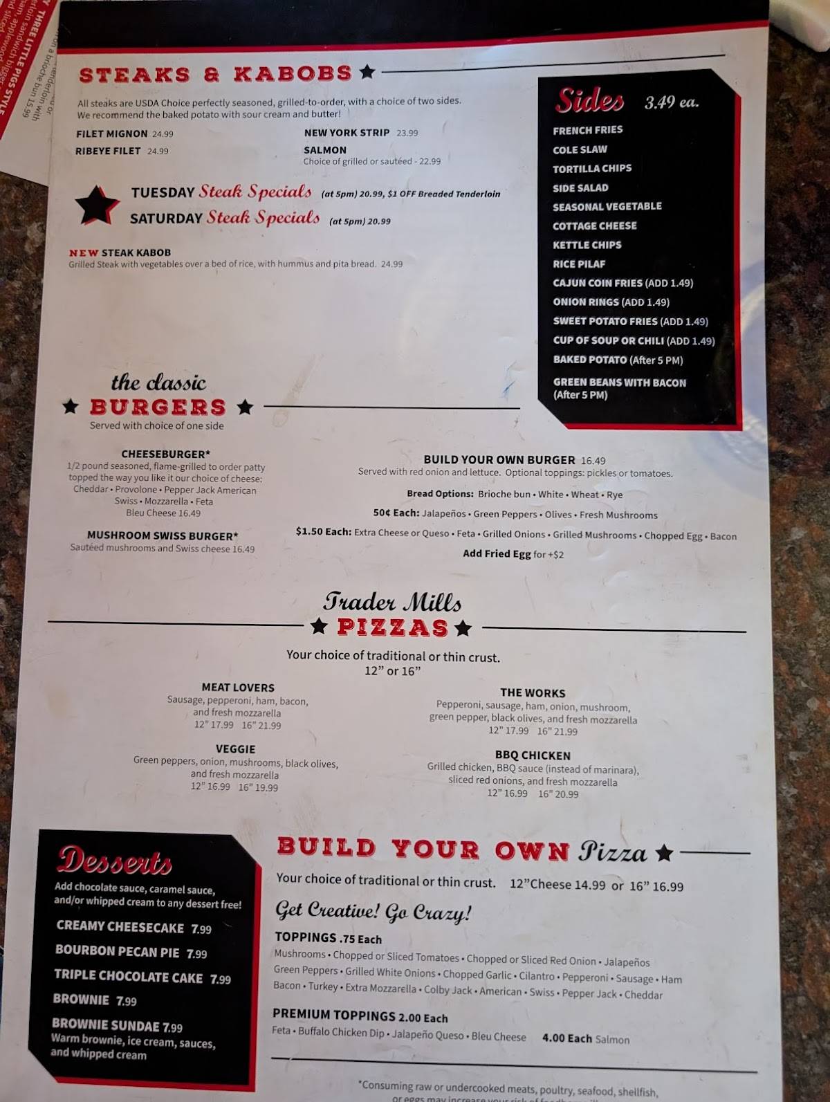 Menu at Trader's Mill Grill & Bar, Indianapolis, W 86th St