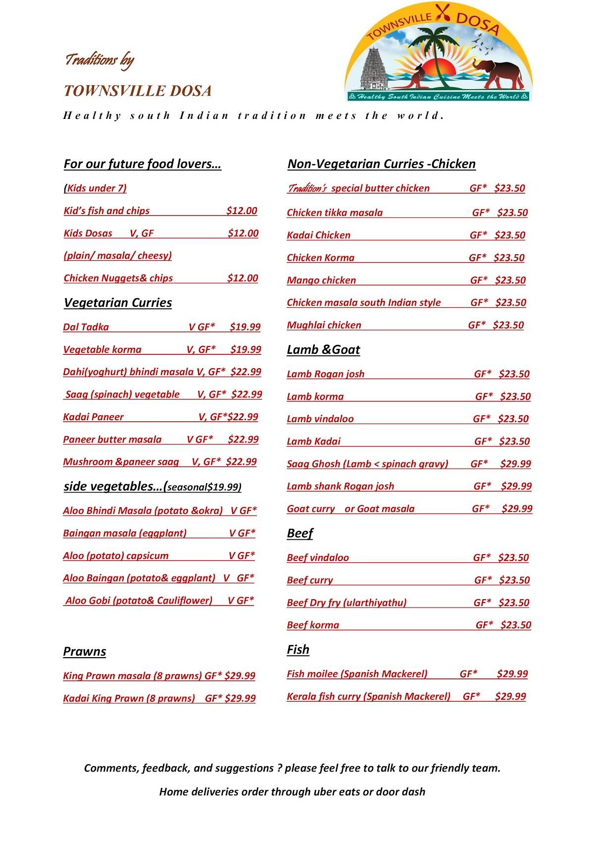 Menu at Traditions by Townsville Dosa restaurant, Cranbrook