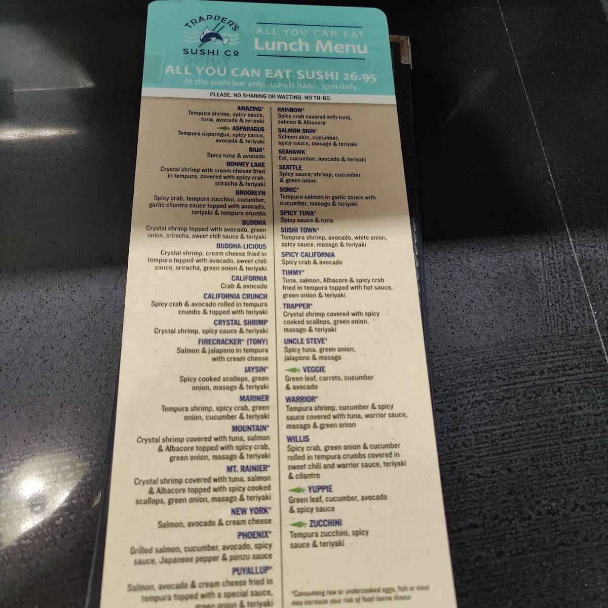 Menu at Trapper's Sushi - Enumclaw restaurant, Enumclaw