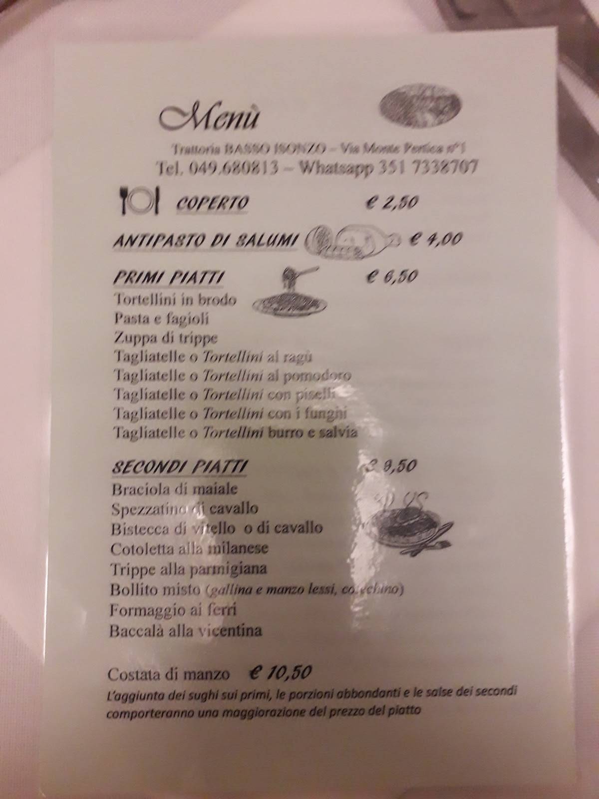Menu da Trattoria Basso Isonzo ristorante, Padova