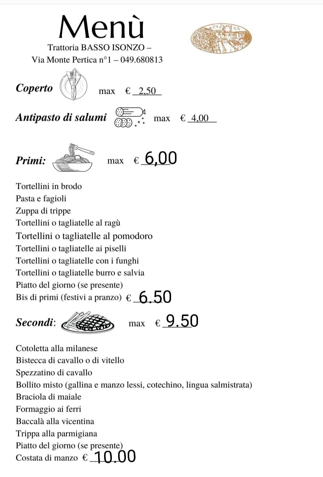 Menu da Trattoria Basso Isonzo ristorante, Padova