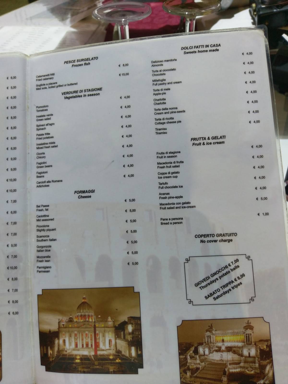 Menu at Trattoria Da Valentino restaurant, Rome