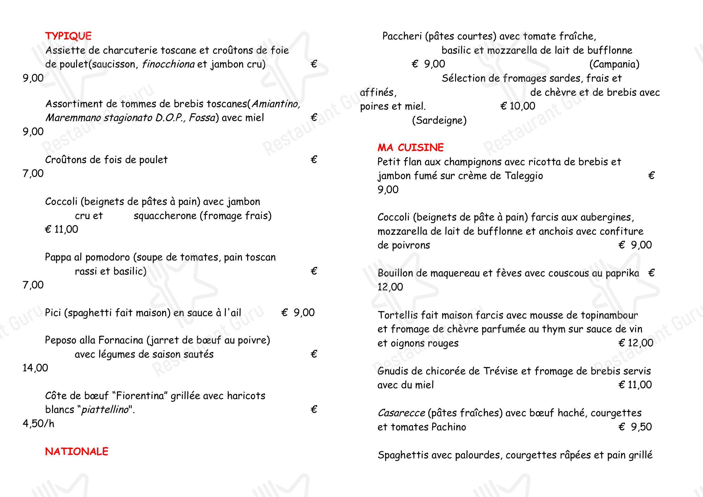 Carta del restaurante Trattoria I'raddi, Florencia