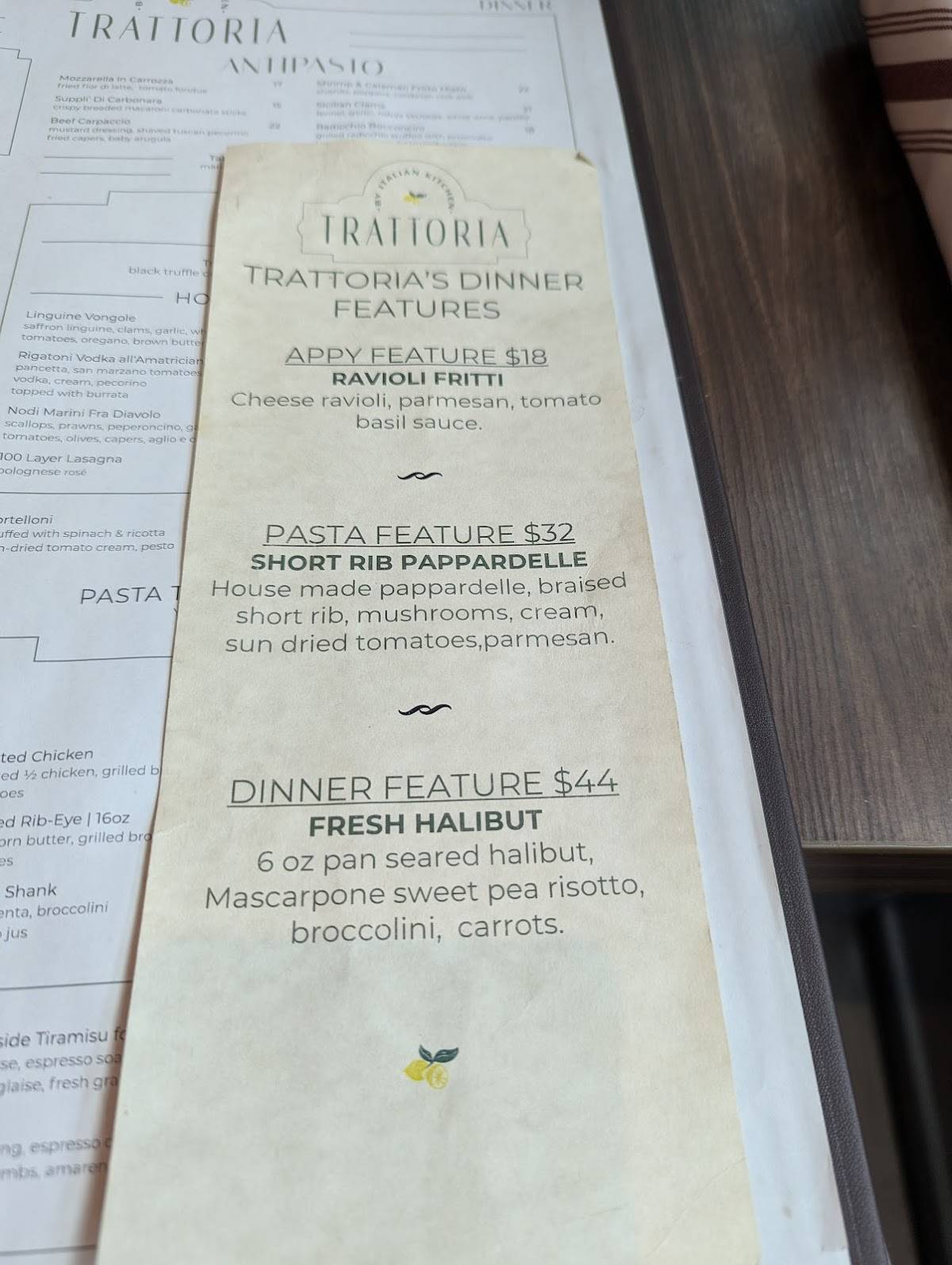Menu au Trattoria by Italian Kitchen restaurant, Burnaby