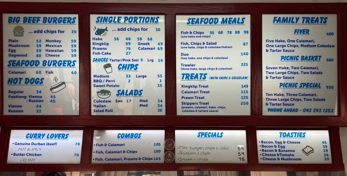 Menu at Trawlers restaurant, Jeffreys Bay