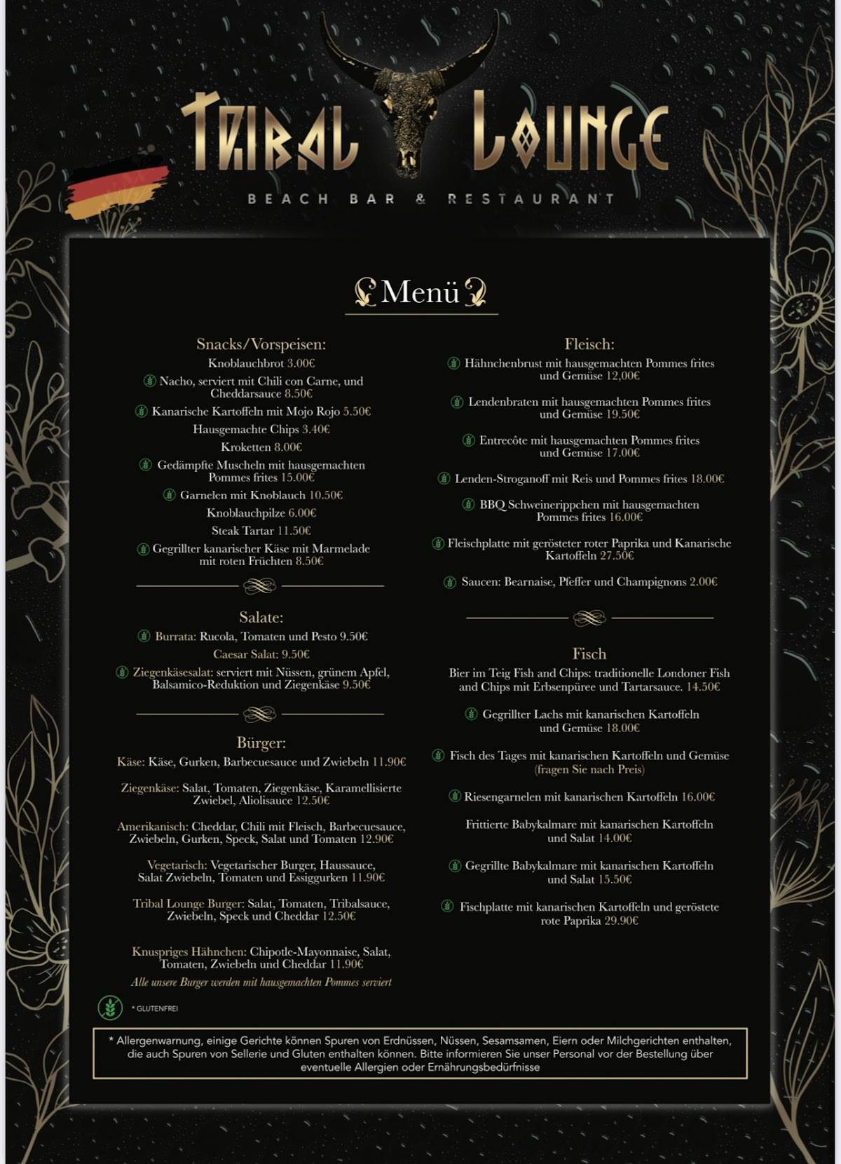 Menu at Tribal Lounge beach bar and restaurant, Maspalomas