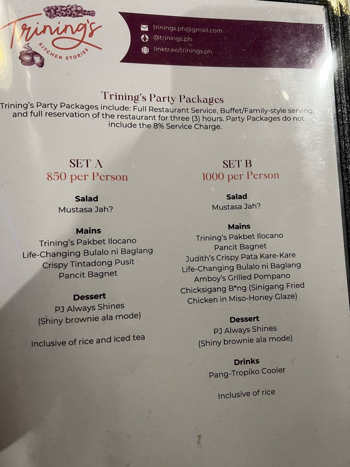 Menu at Trining’s Kitchen Stories restaurant, Marikina