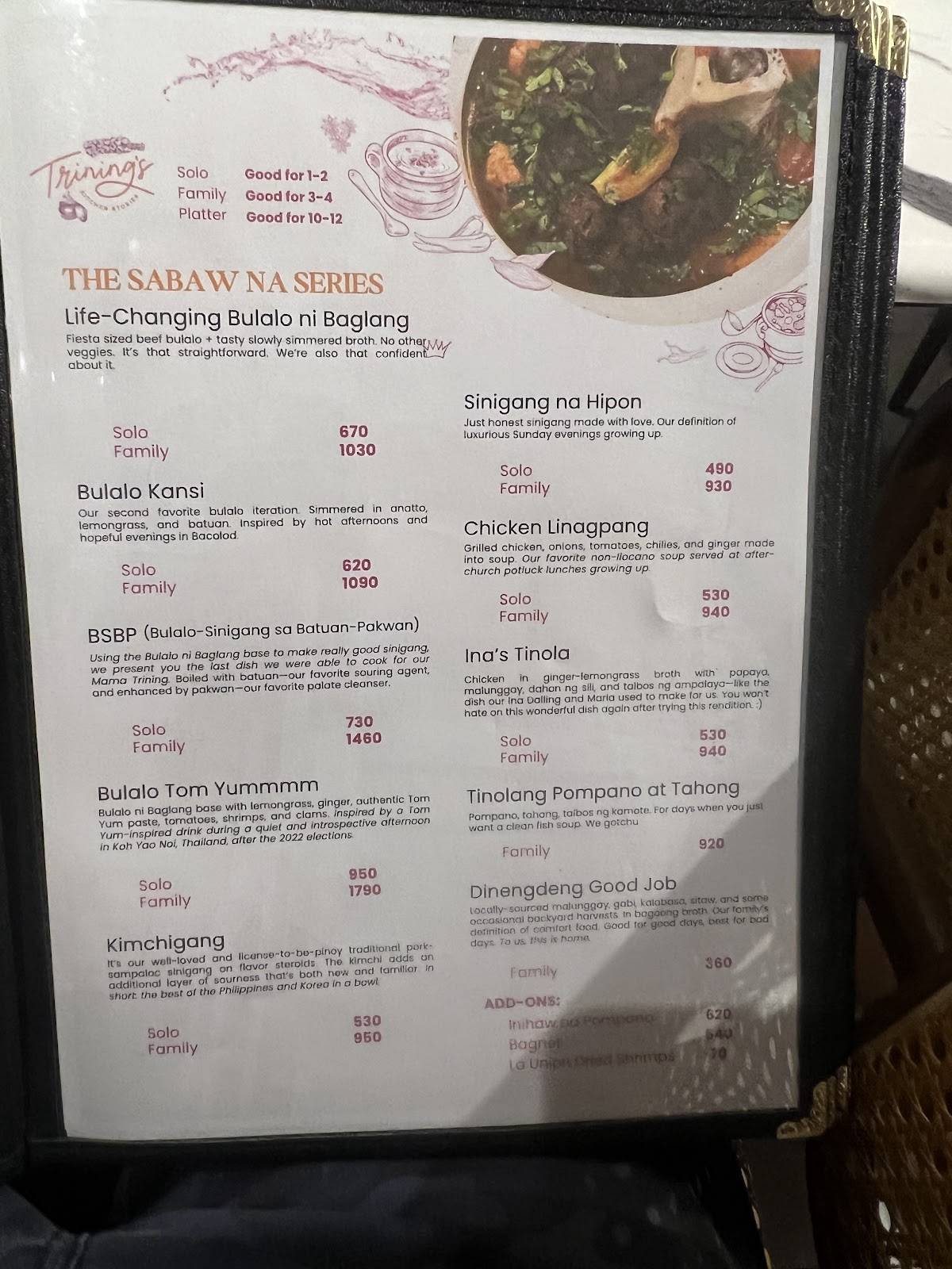Menu at Trining’s Kitchen Stories restaurant, Marikina