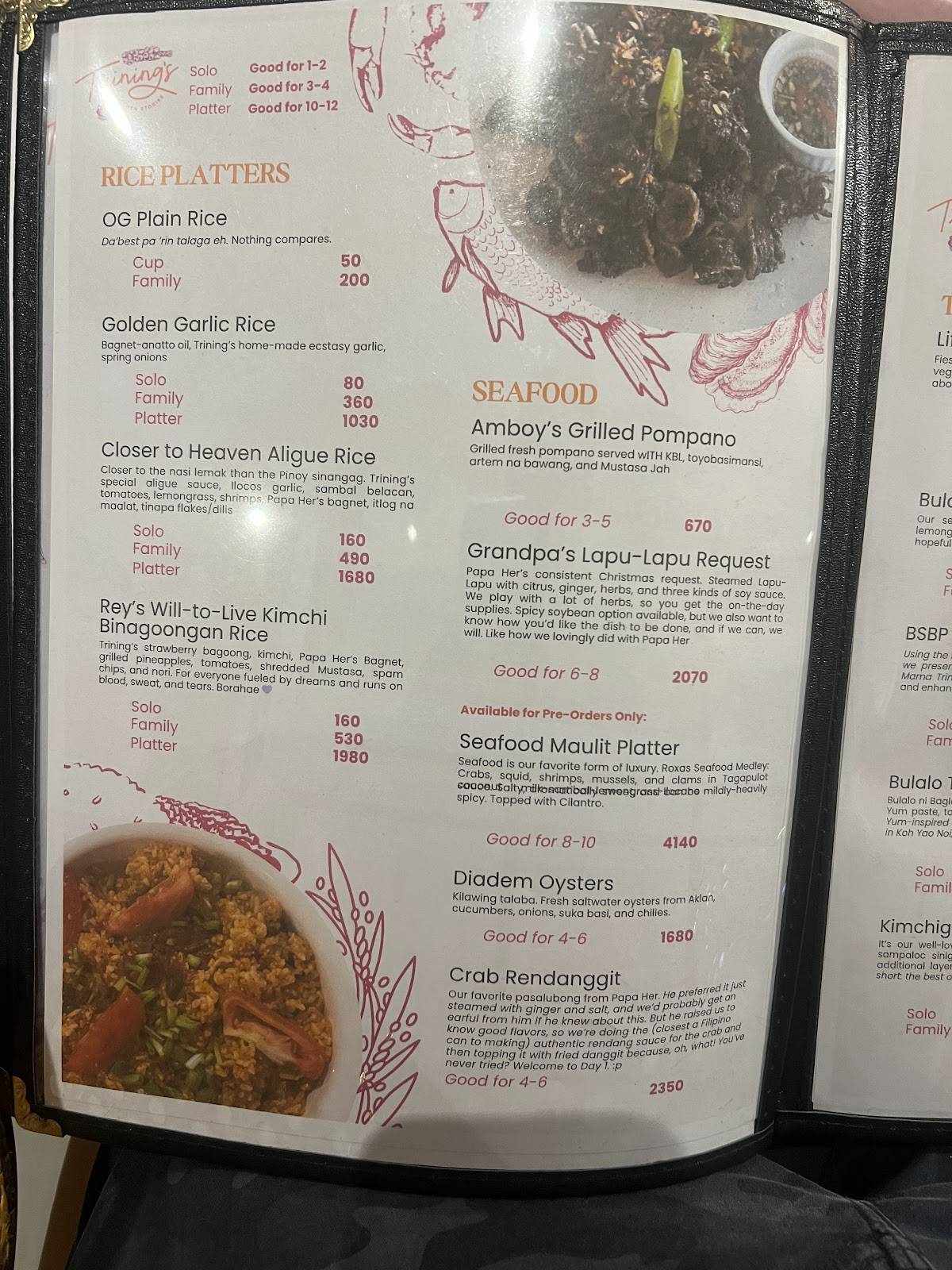 Menu at Trining’s Kitchen Stories restaurant, Marikina