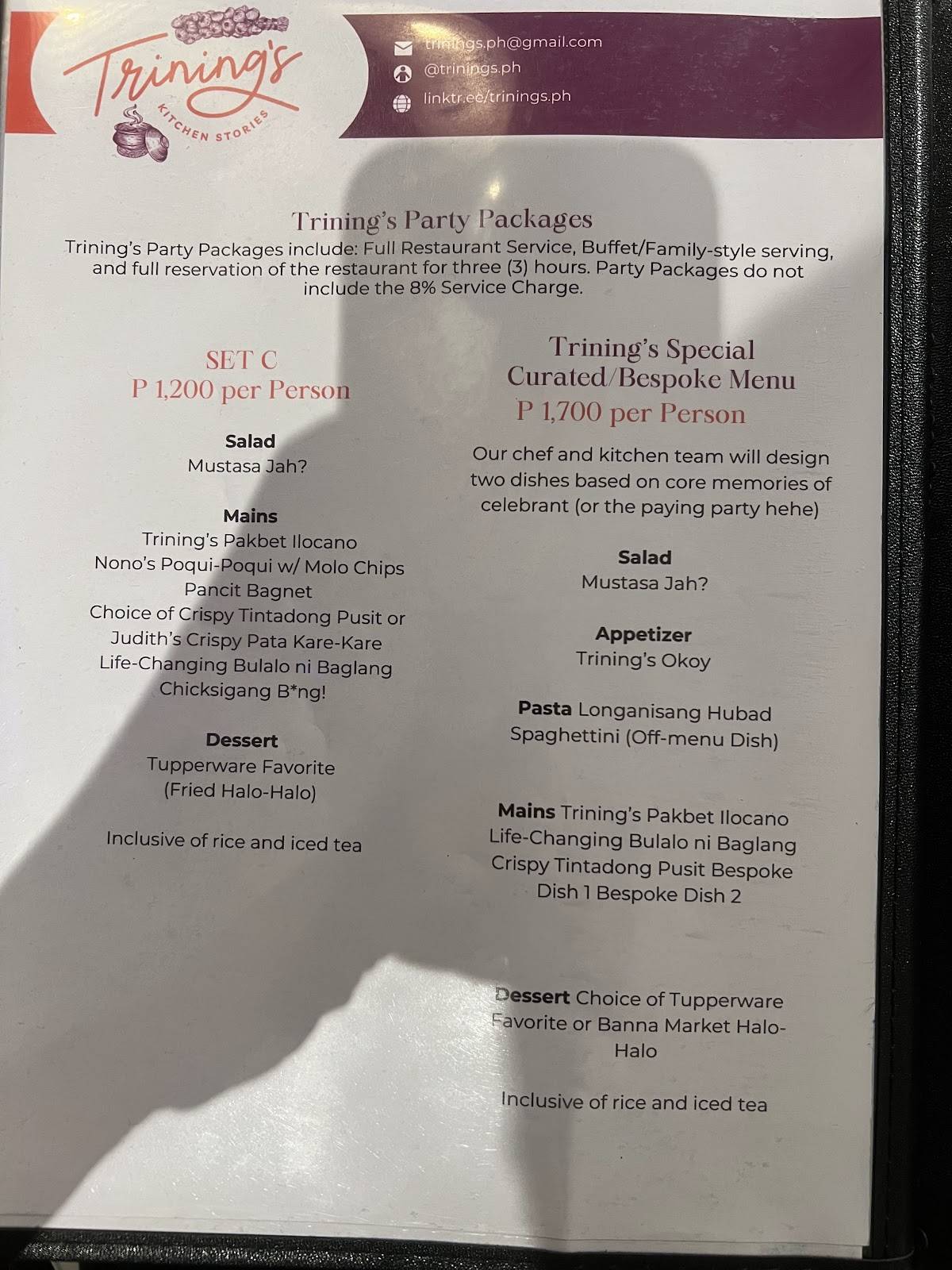 Menu at Trining’s Kitchen Stories restaurant, Marikina